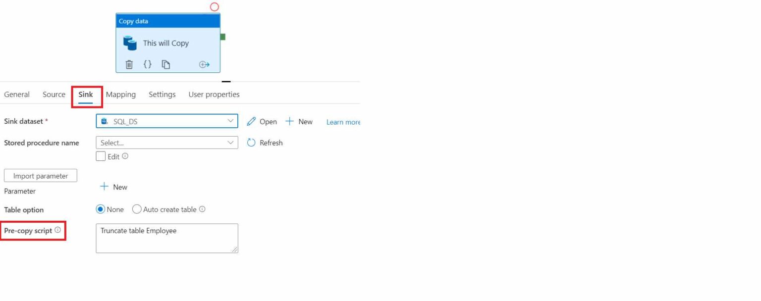How to truncate table before copy in Azure data factory